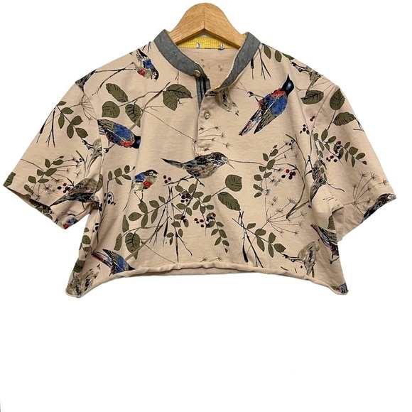 Tops | Oversized Cropped Bird Graphic Mandarin Collar Polo Shirt | Poshmark